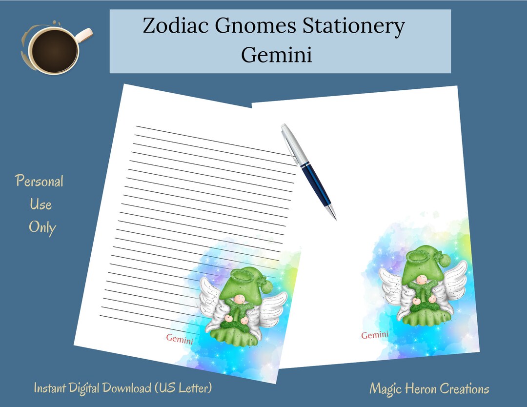Gemini Gnome Printable Stationery Set, Letter Writing Paper, Lined ...