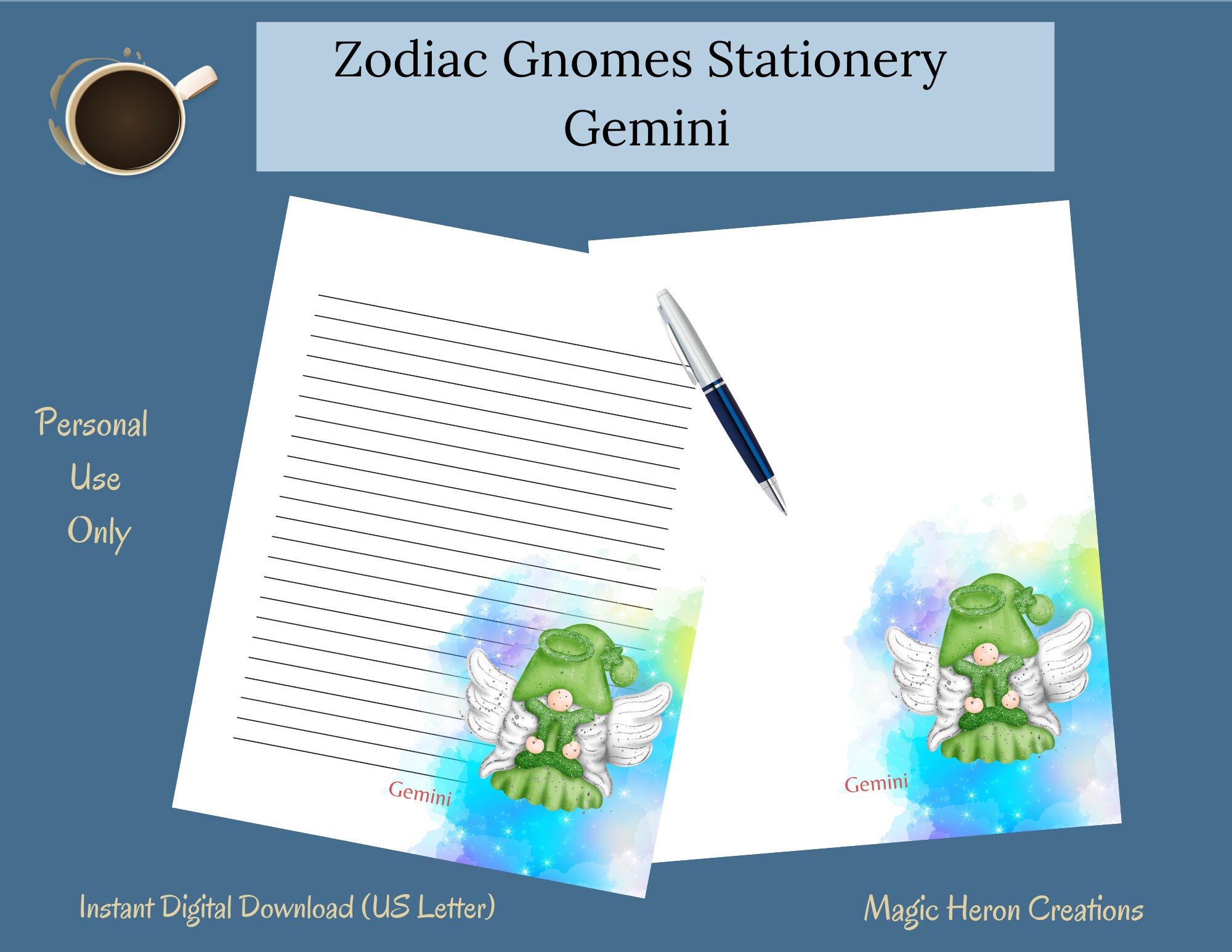 Gemini Gnome Printable Stationery Set, Letter Writing Paper, Lined ...