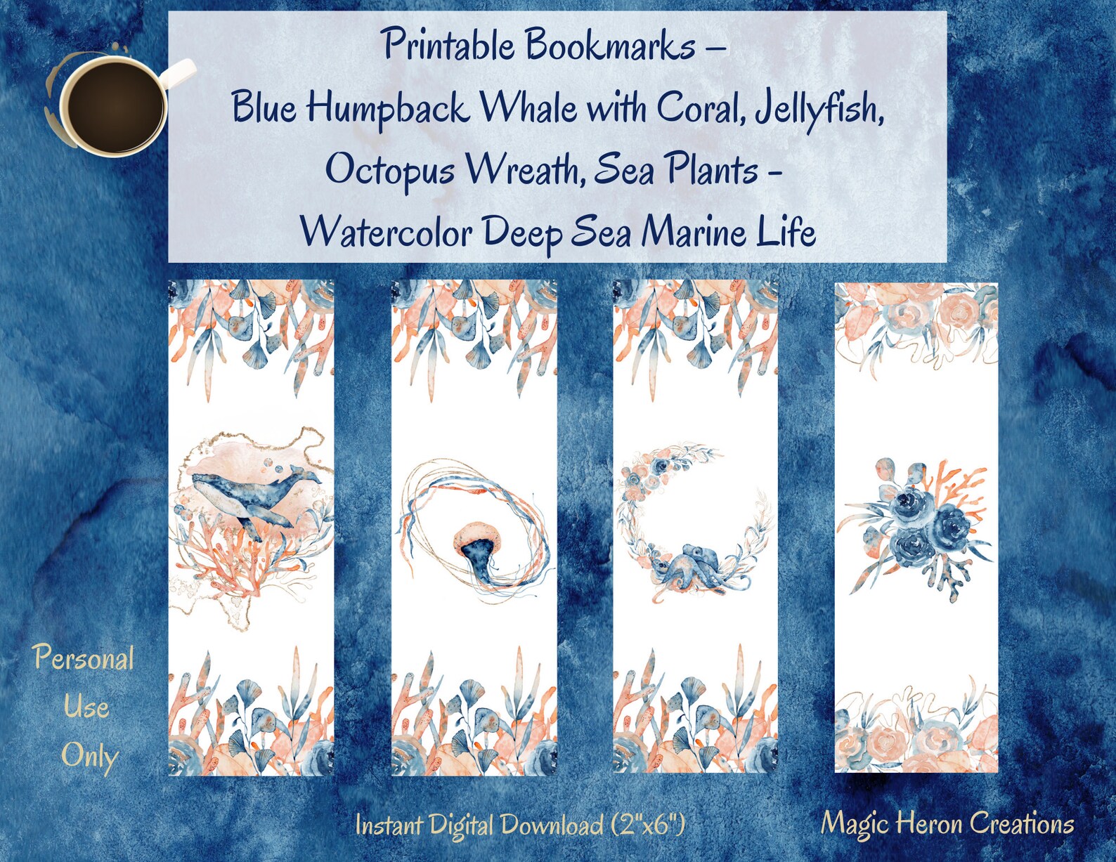 Printable Bookmarks 16 Watercolor Deep Sea Set Blue - Etsy