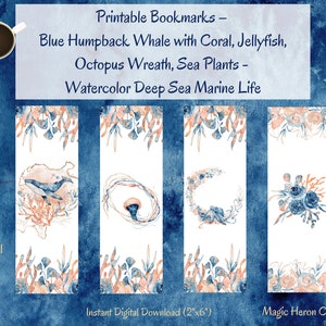 Printable Bookmarks - 16 Watercolor Deep Sea Set - Blue Humpback Whales ...