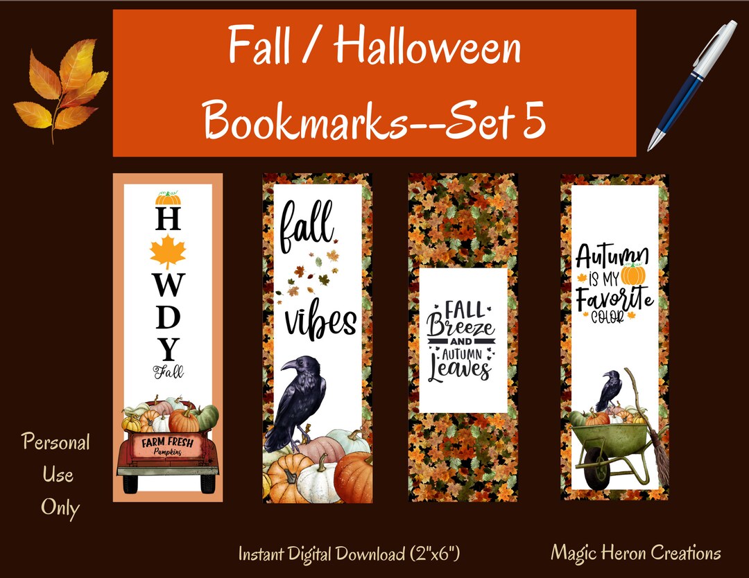Fall Bookmarks, Fall Bookmarks Set Printable, Autumn Bookmark Set ...