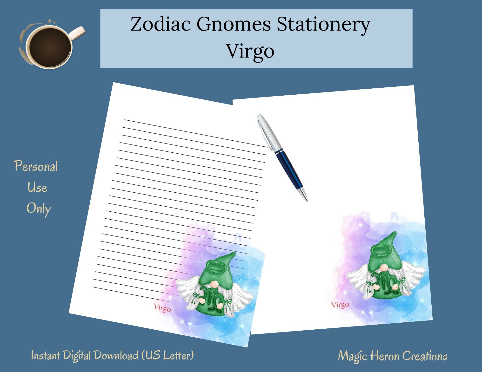 Virgo Gnome Printable Stationery Set, Letter Writing Paper, Lined ...