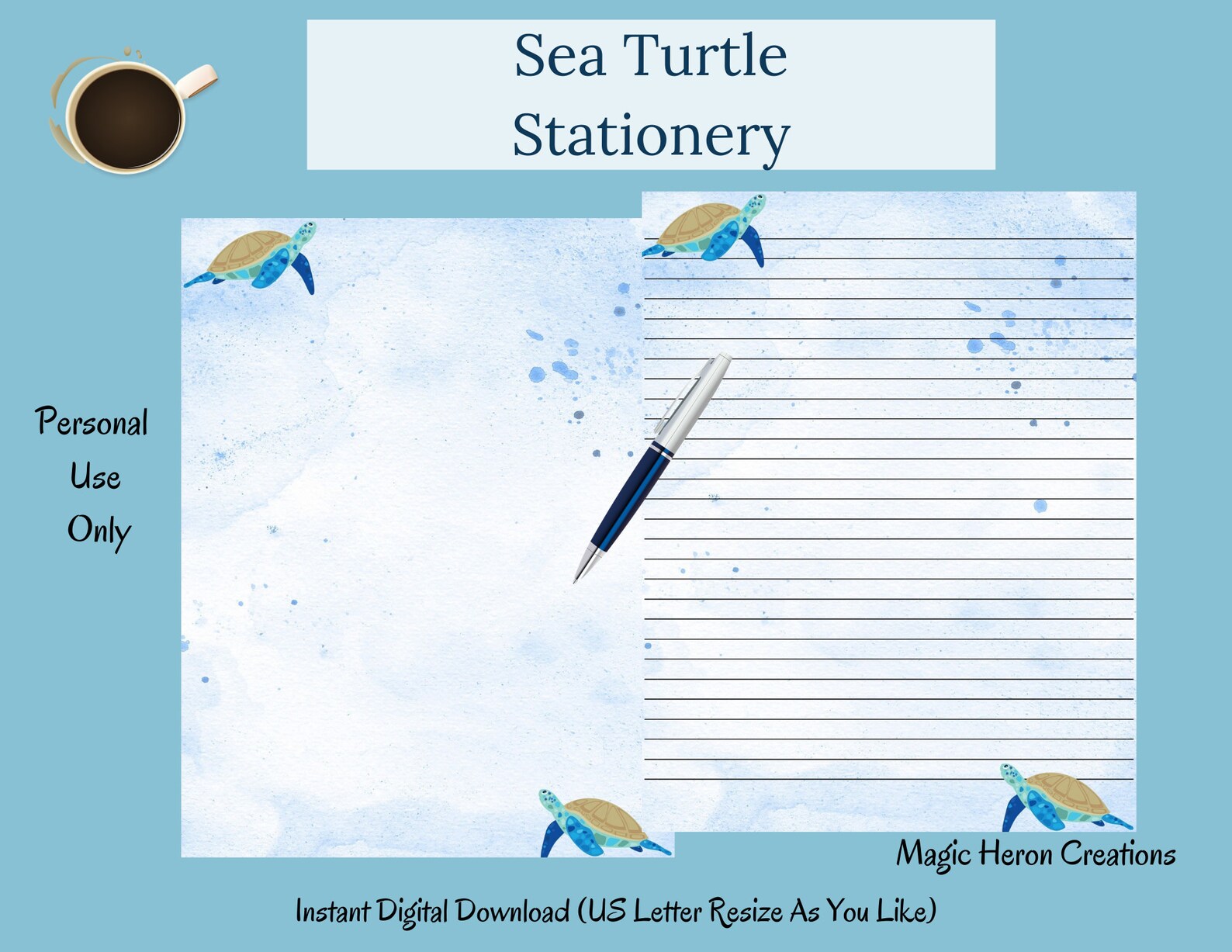 Letter Writing – Sea Turtle Watercolor Printable Stationery – Digital ...
