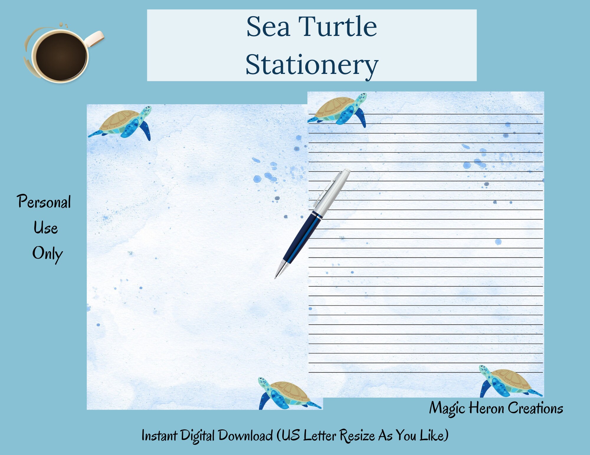 Letter Writing – Sea Turtle Watercolor Printable Stationery – Digital ...