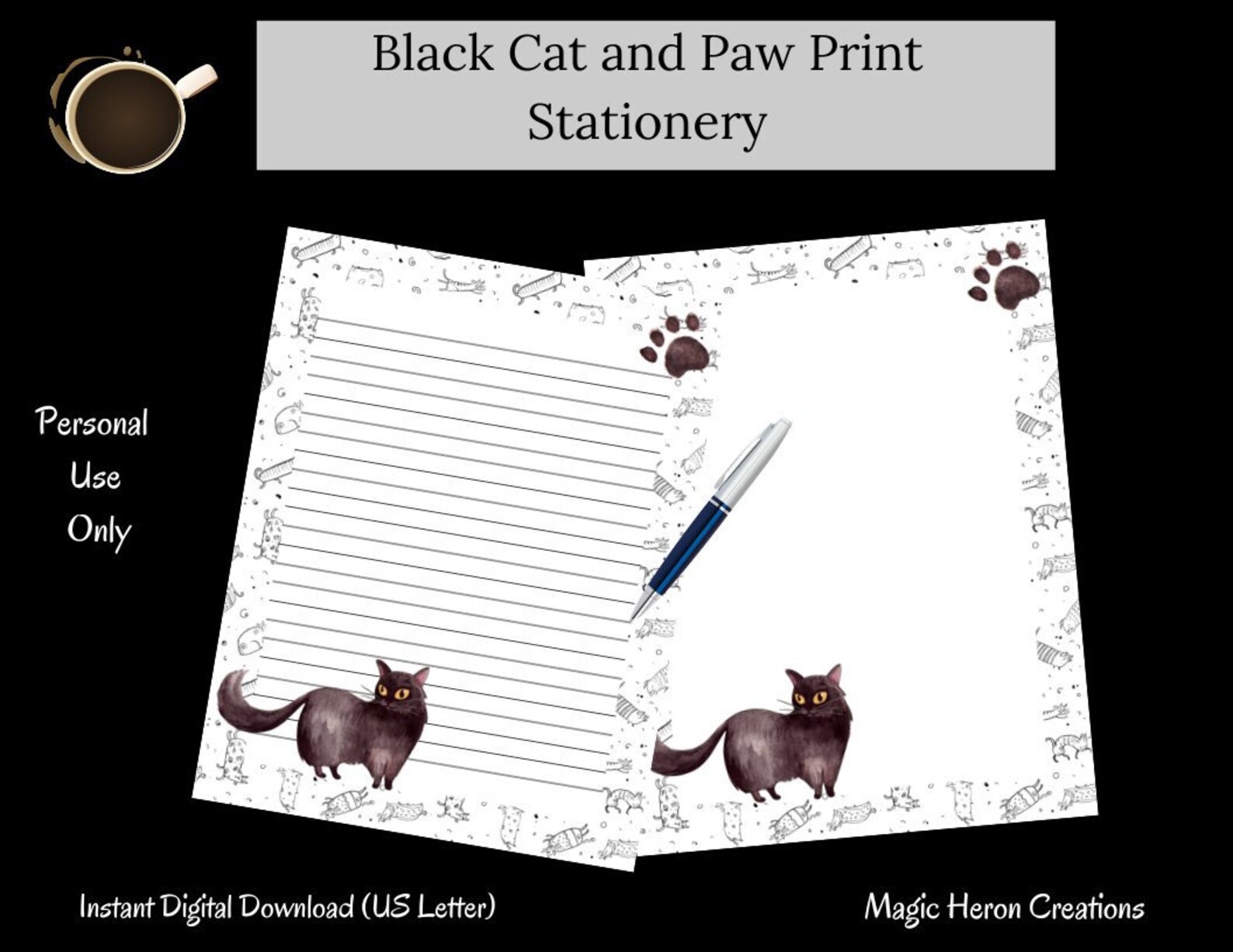 Black Cat and Paw Print Printable Stationery, Pattern Background ...