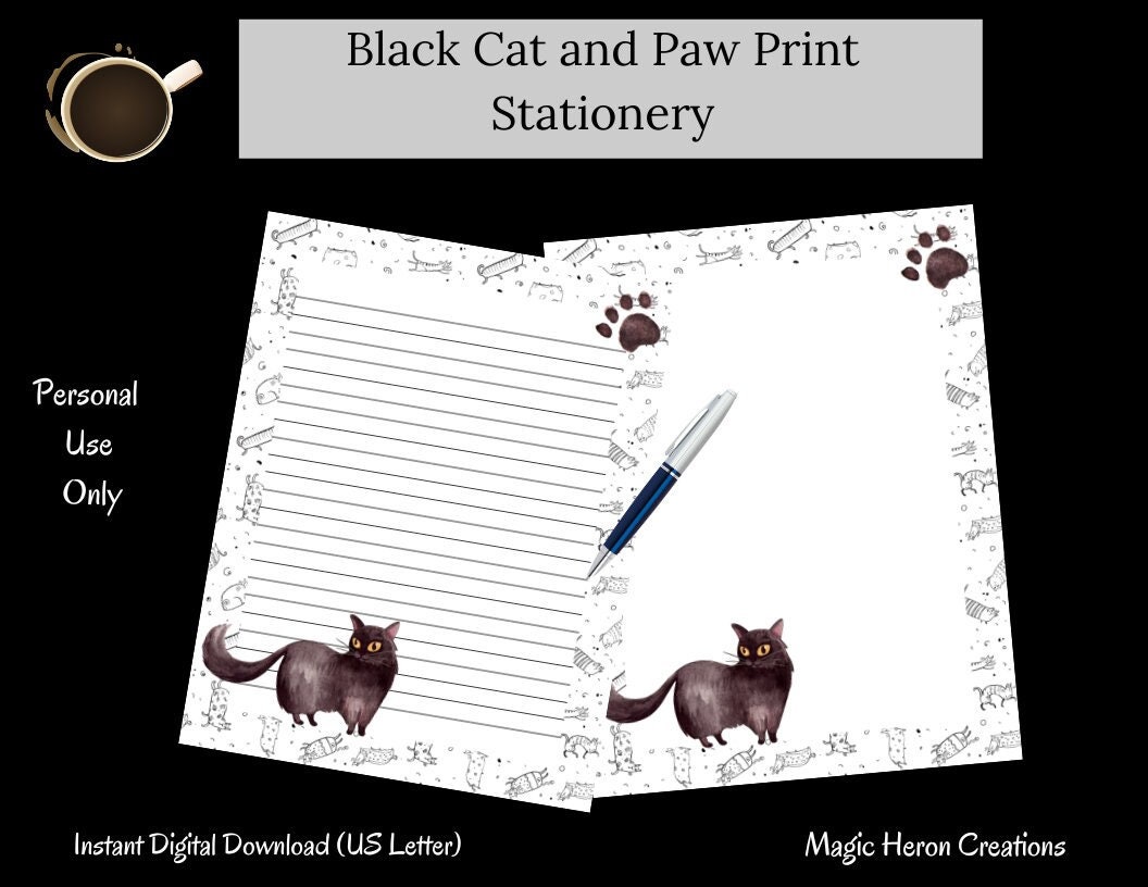 Black Cat and Paw Print Printable Stationery, Pattern Background ...