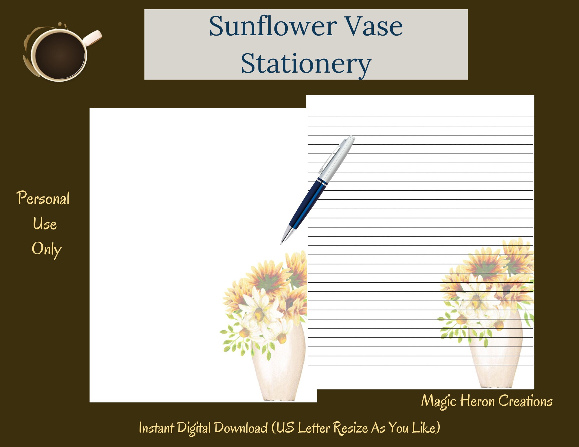 Letter Writing – Sunflower Vase Printable Stationery – Digital Download ...