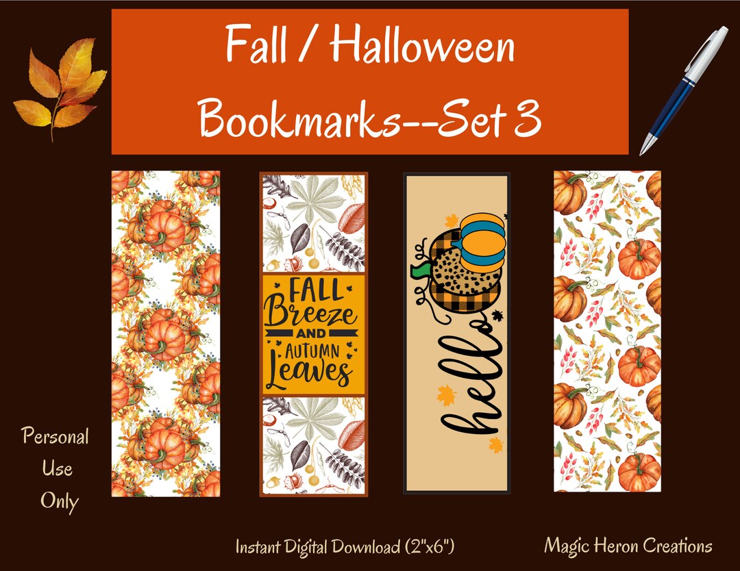 Fall Bookmarks, Fall Bookmarks Set Printable, Autumn Bookmark Set ...