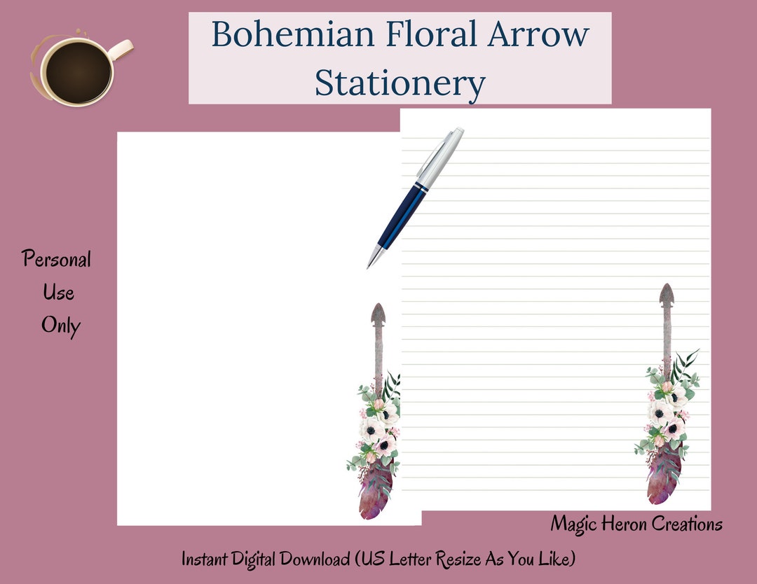 Bohemian Floral Arrow Printable Stationery, Letter Writing Paper, Lined ...