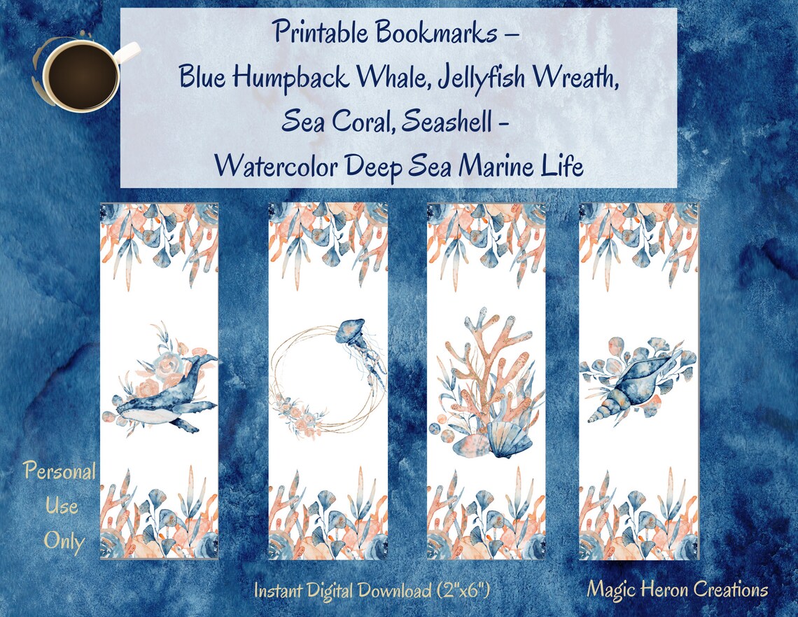 Printable Bookmarks 16 Watercolor Deep Sea Set Blue - Etsy