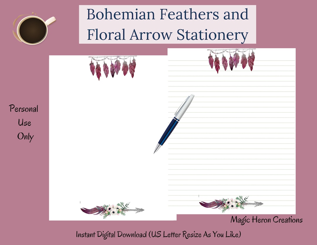 Bohemian Feathers and Floral Arrow Printable Stationery, Letter Writing ...