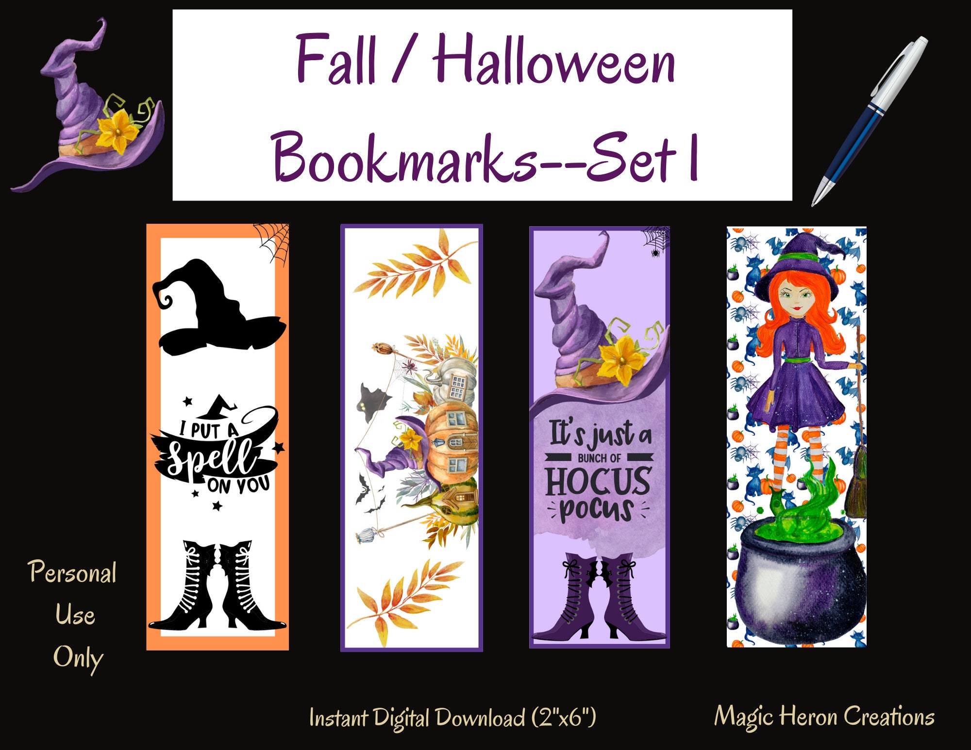 Halloween Bookmarks Printable, Witches, Pumpkins, Cauldron, Halloween ...