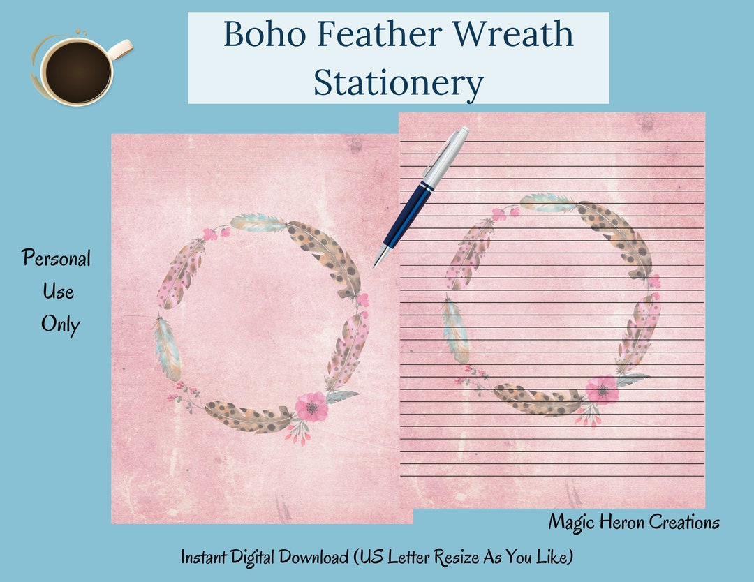 Boho Feather Wreath Printable Stationery, Letter Writing Paper, Lined ...