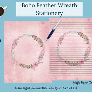 Boho Feather Wreath Printable Stationery, Letter Writing Paper, Lined ...