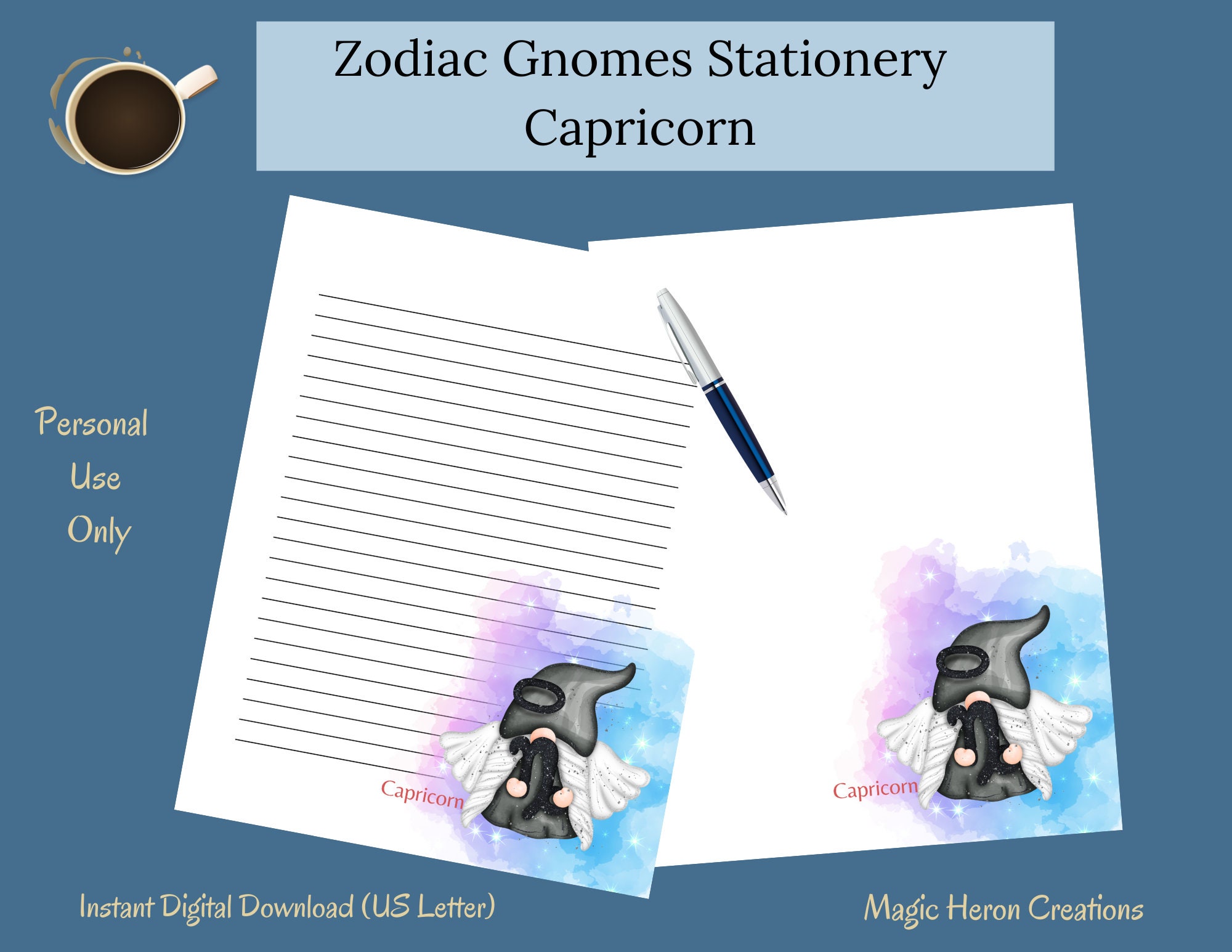 Capricorn Gnome Printable Stationery Set, Letter Writing Paper, Lined ...