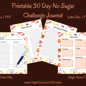 Sugar Detox, 30 Day Challenge Printable, No Sugar Challenge Journal ...