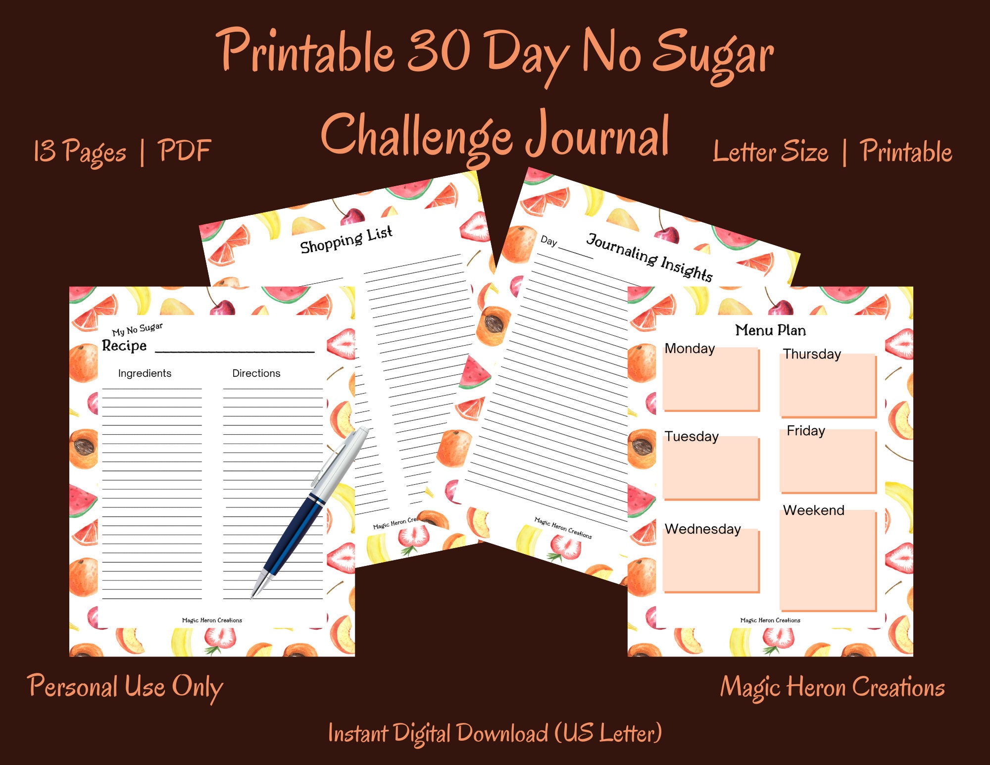 Sugar Detox, 30 Day Challenge Printable, No Sugar Challenge Journal ...