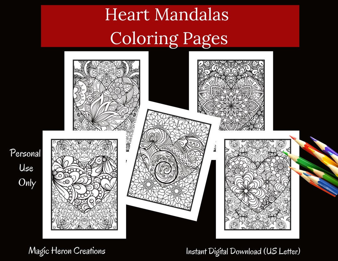 5 Printable Hearts Mandalas Coloring Pages, Coloring Pages for Adults ...