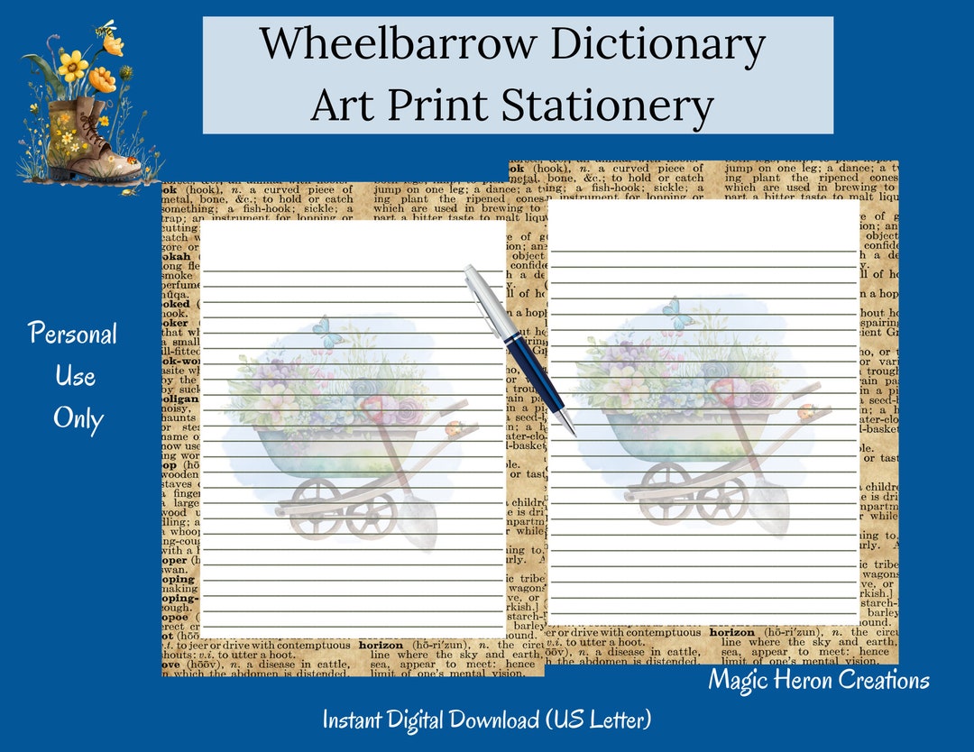 Wheelbarrow Floral Stationery, Digital Dictionary Pages, Old Book Pages ...