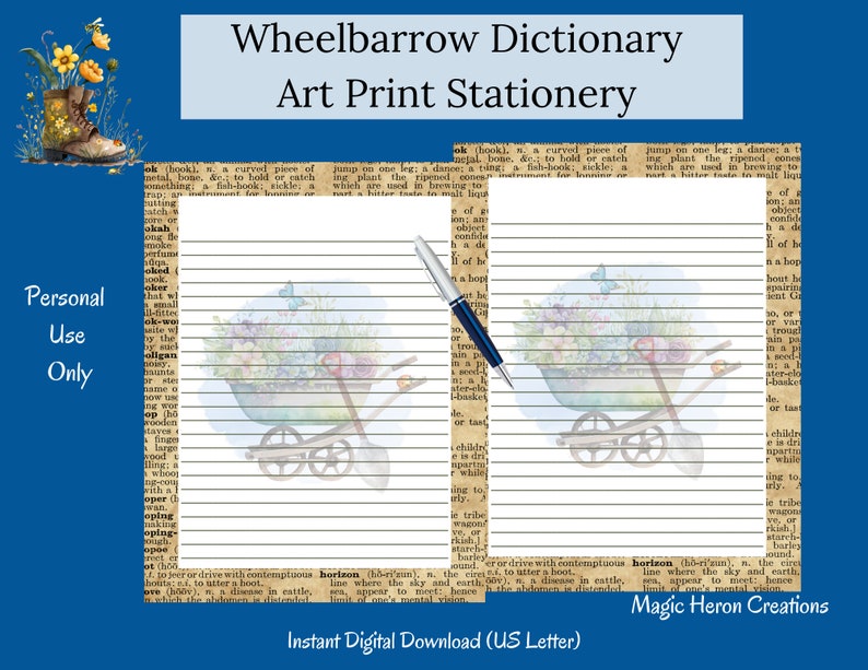 Wheelbarrow Floral Stationery, Digital Dictionary Pages, Old Book Pages ...