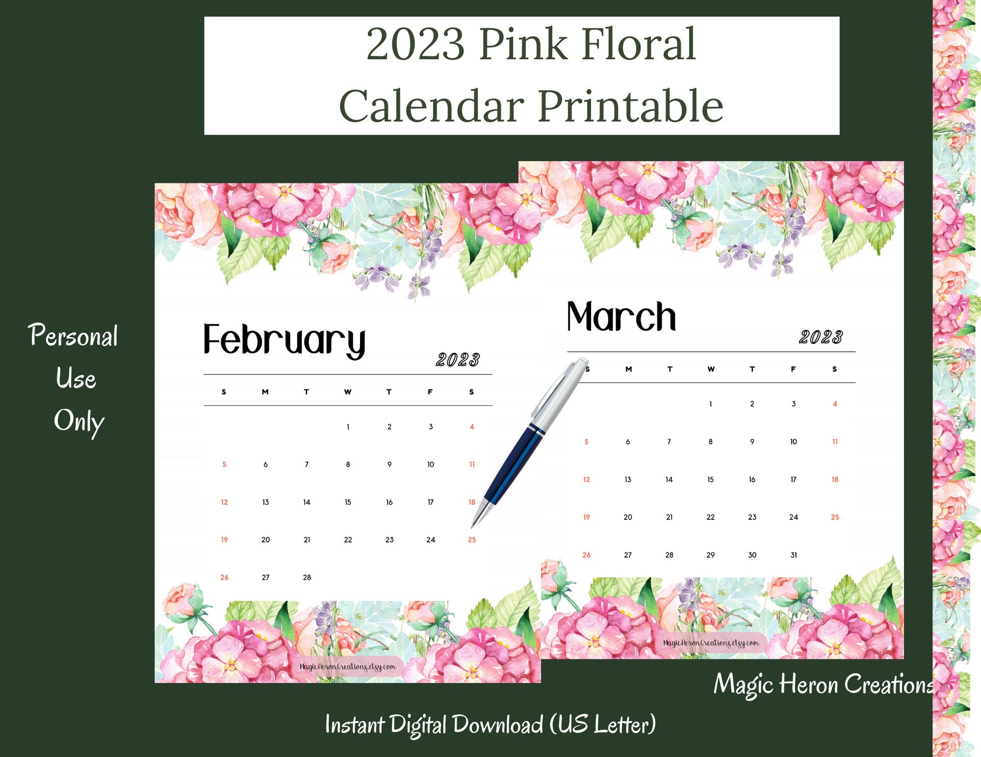 2023 Pink Floral Calendar Printable, 2023 Desk Calendar Digital, Floral ...