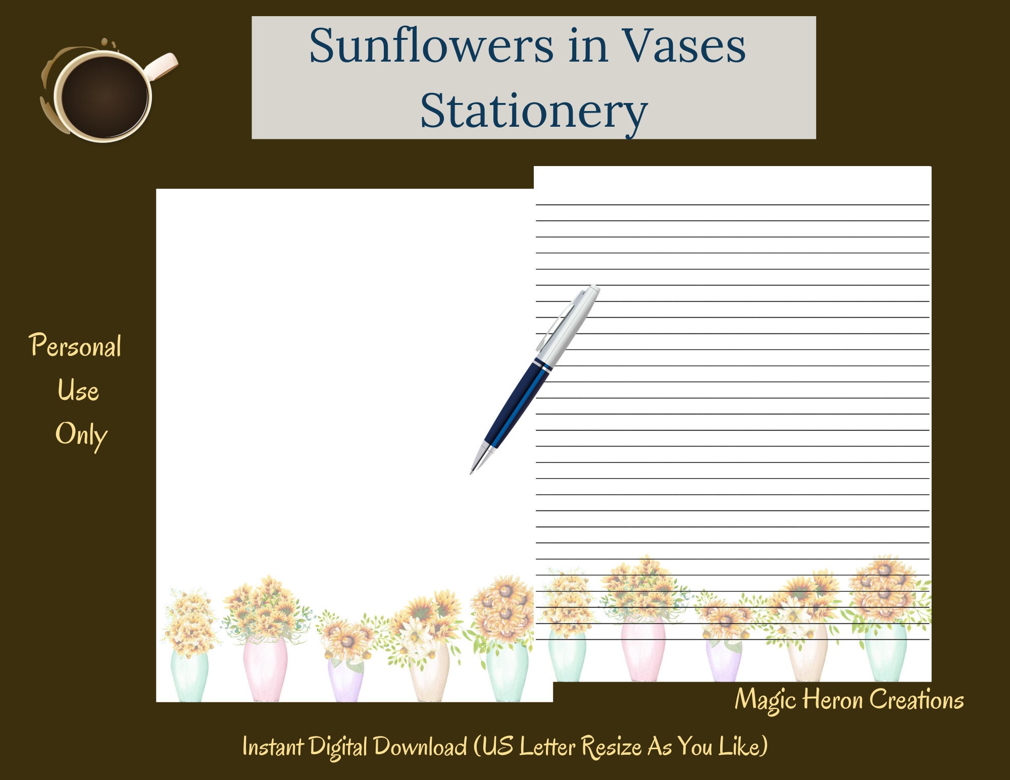 Letter Writing – Sunflowers in Vases Printable Stationery – Digital ...