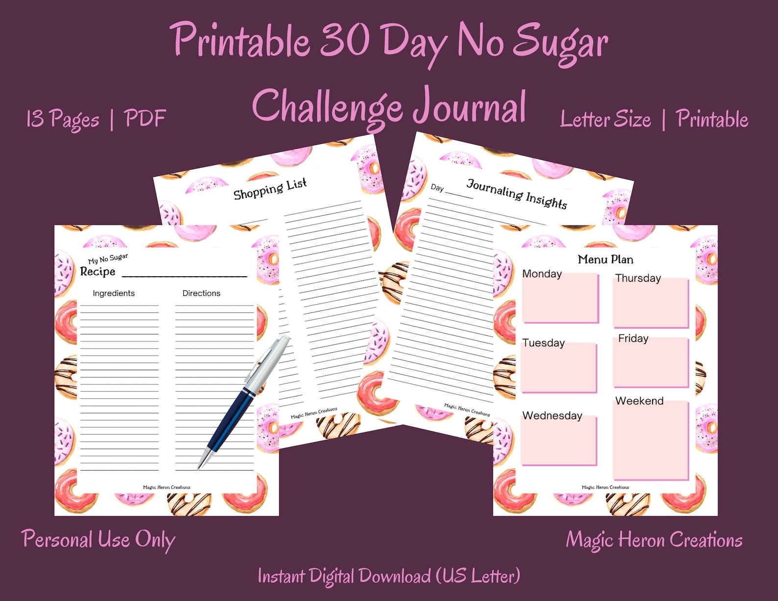 Sugar Detox, 30 Day Challenge Printable, No Sugar Challenge Journal ...