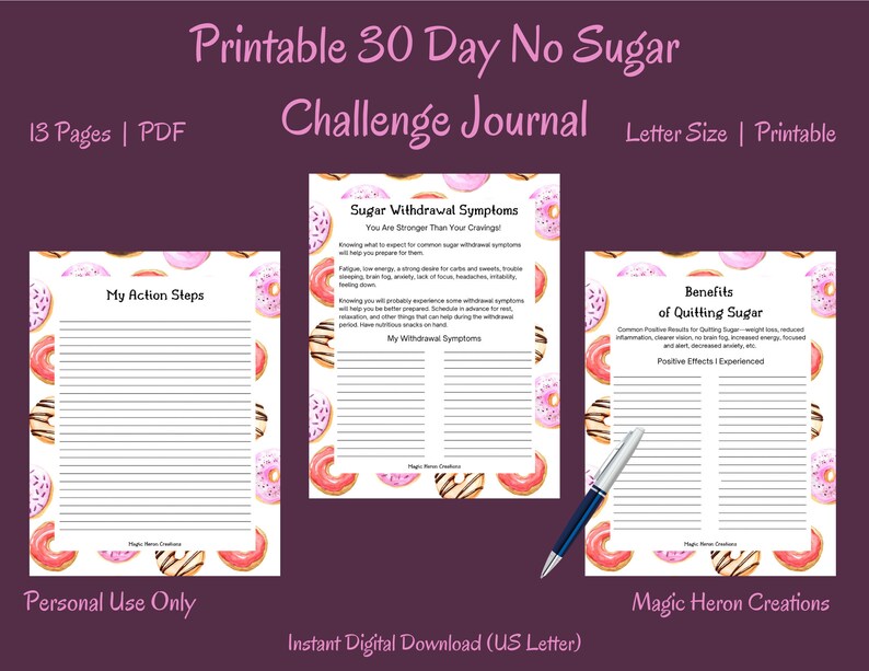 Sugar Detox, 30 Day Challenge Printable, No Sugar Challenge Journal ...