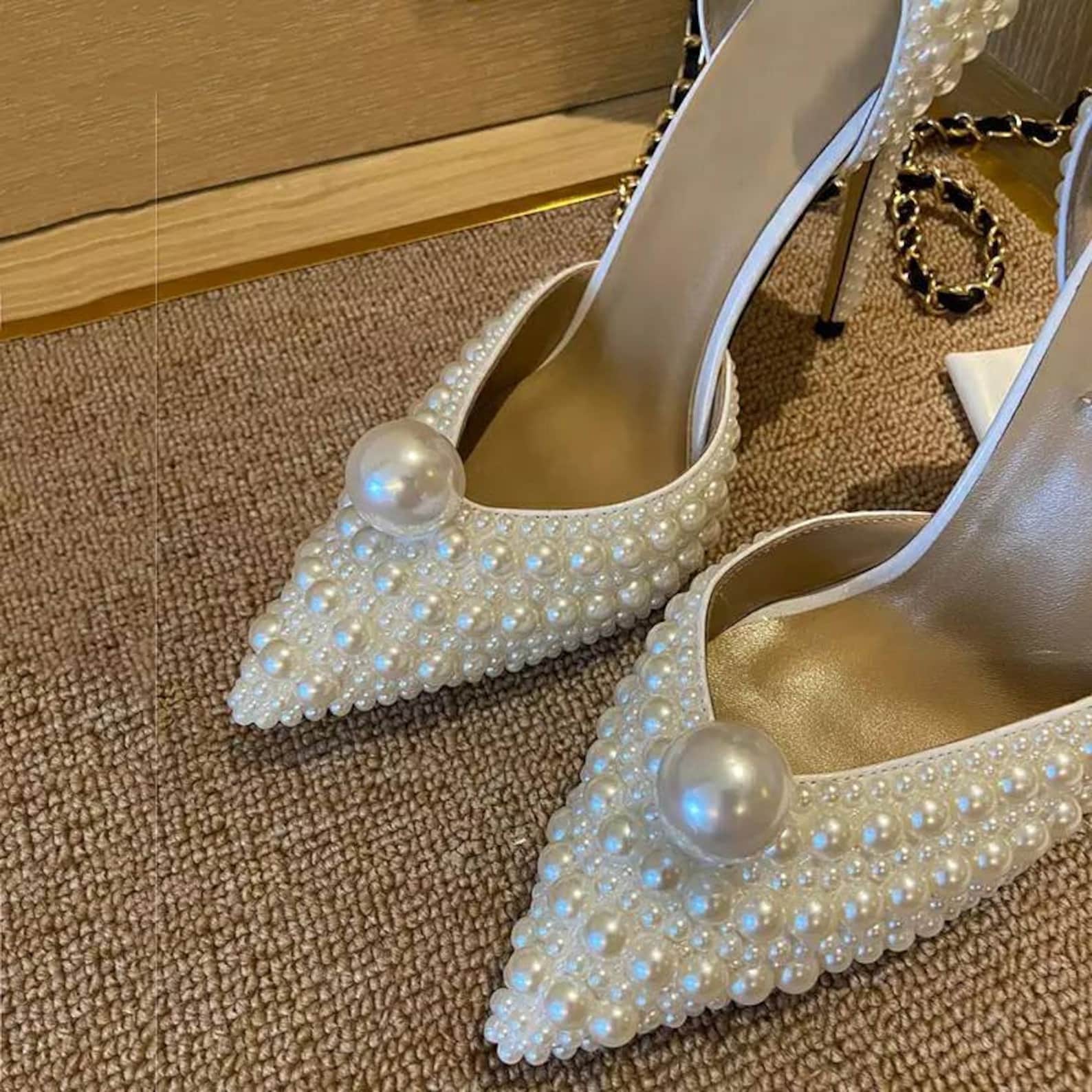 Pearl Pointed Toe Bridal Stiletto White Pearl Heel Beaded - Etsy