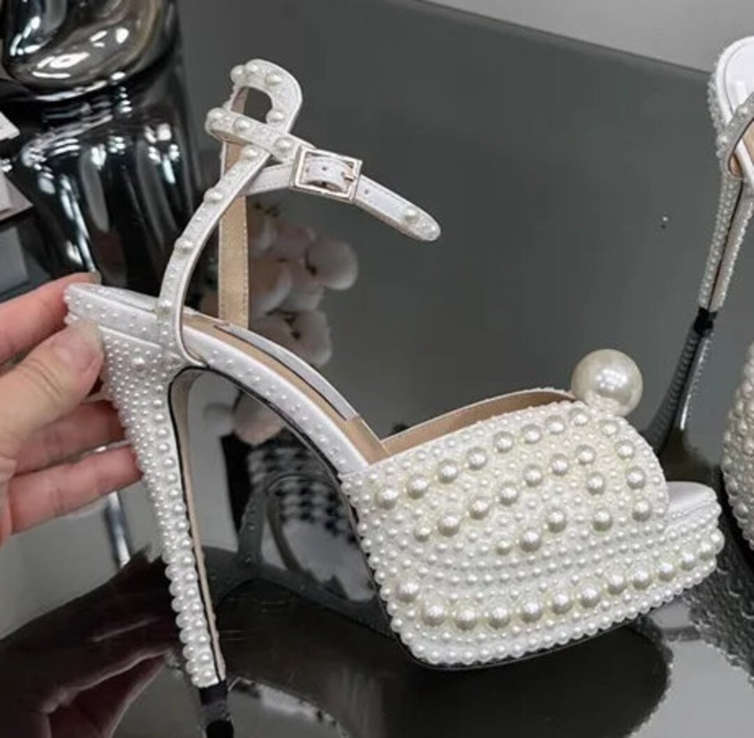 Super High Pearl Platform Heels, Peep Toe Bridal Sandals, Pearl ...