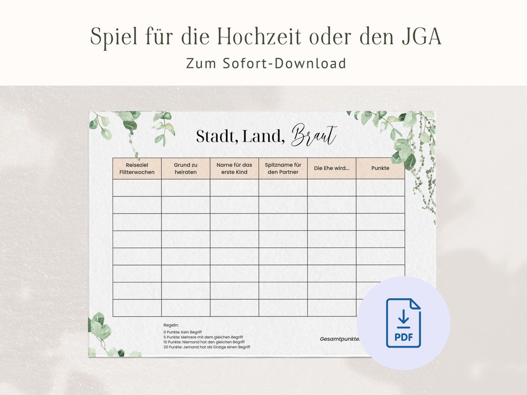 Template: City Country Bride, JGA Game to Print Greenery - Etsy