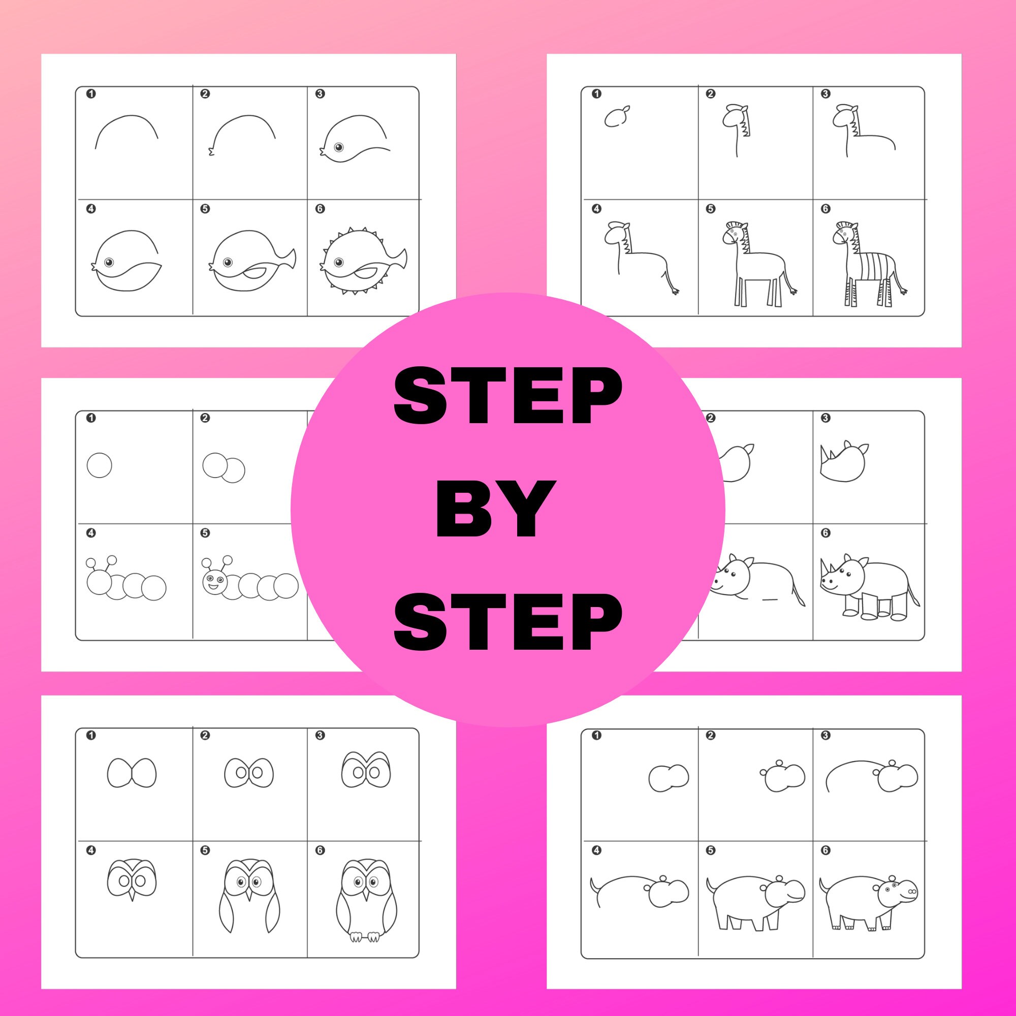 15 Step-by-step Animals for Kids Set 2: Directed Drawing, How to Draw ...