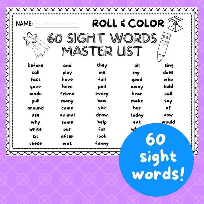 10 Roll & Color Sight Word Worksheets: Color by Sight Word, Learn Sight ...