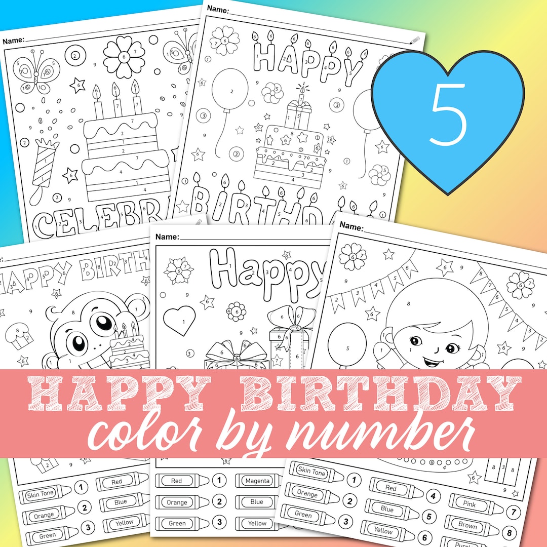 5 Birthday Color by Number Coloring Pages for Kids - Etsy