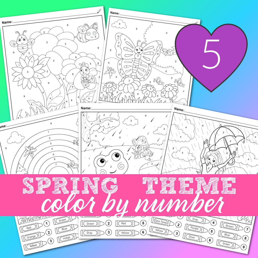 5 Cute Spring Color by Number Coloring Pages for Kids - Etsy