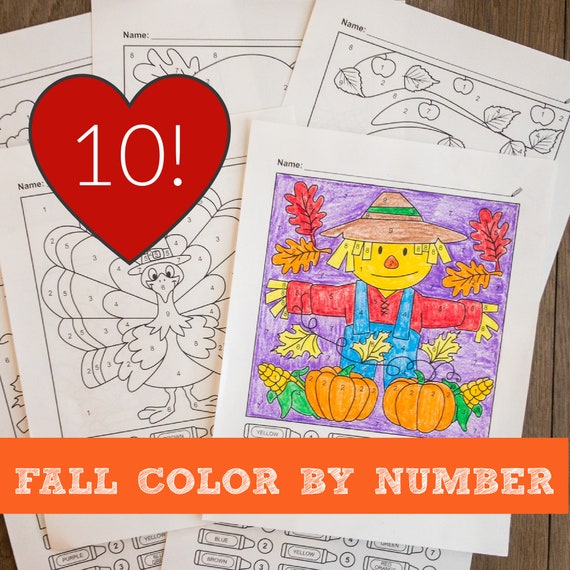 10 Fall Themed Color By Number Printable Coloring Pages for | Etsy