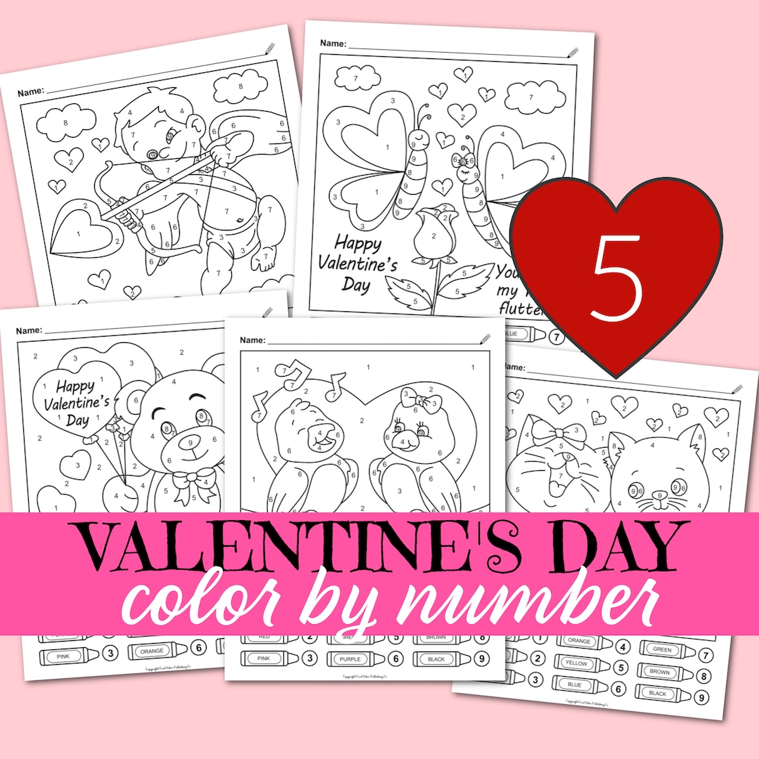 5 Cute Valentine's Day Color by Number Coloring Pages for Kids - Etsy