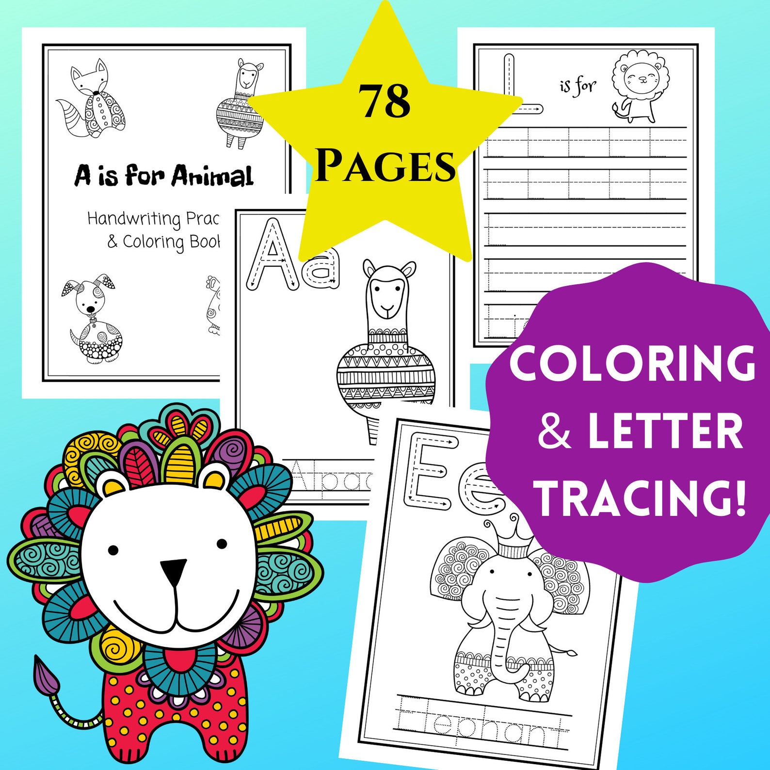Animal Letter Tracing & Coloring Book: 78 Pages of Alphabet - Etsy