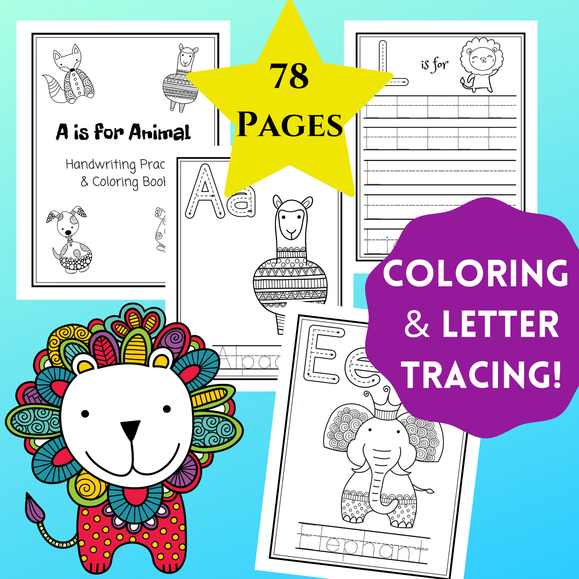 Animal Letter Tracing & Coloring Book: 78 Pages of Alphabet - Etsy
