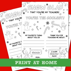Printable Colorable Christmas Gift for Teachers: Snow Glad You're My ...