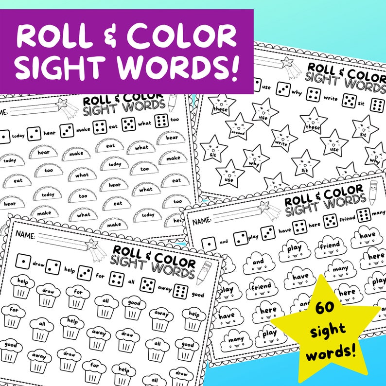 10 Roll & Color Sight Word Worksheets: Color by Sight Word - Etsy