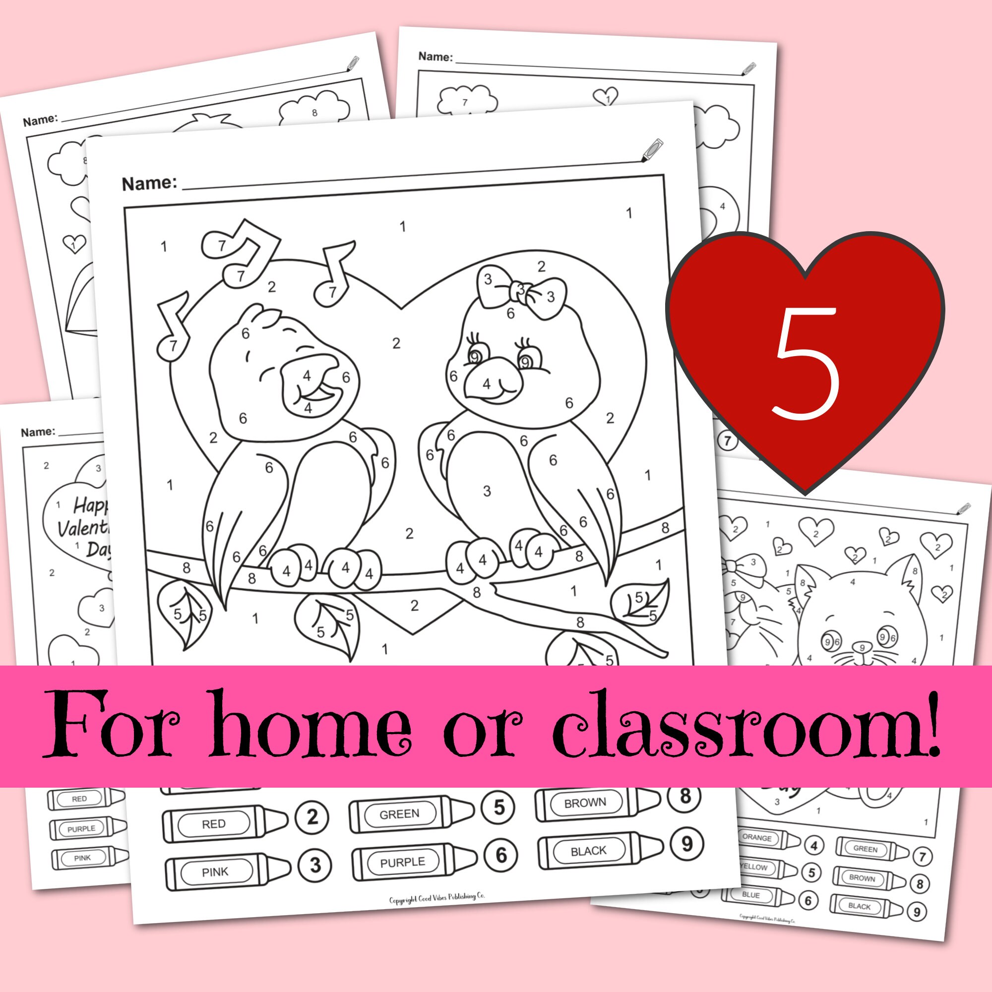 5 Cute Valentine's Day Color by Number Coloring Pages for Kids - Etsy