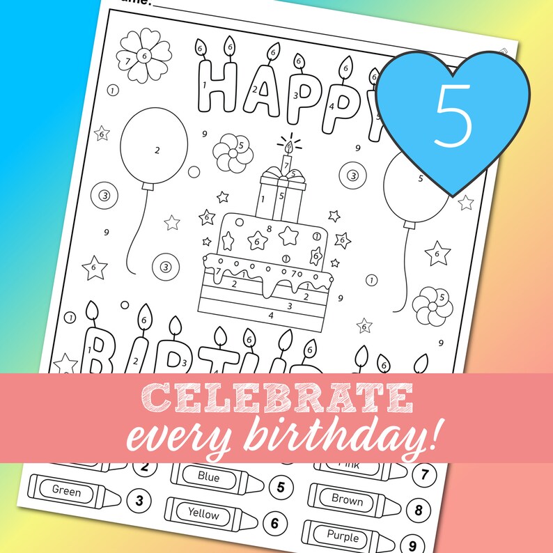 5 Birthday Color by Number Coloring Pages for Kids - Etsy