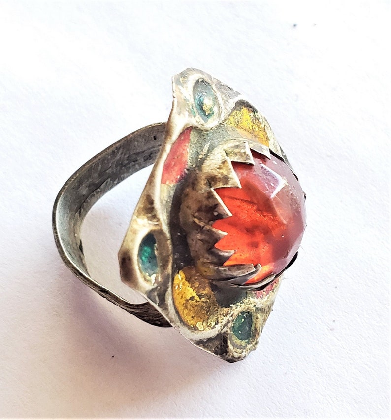 Vintage Moroccan Hand Made Old Glass Enameled Silver Berber Ring Size 8 ...