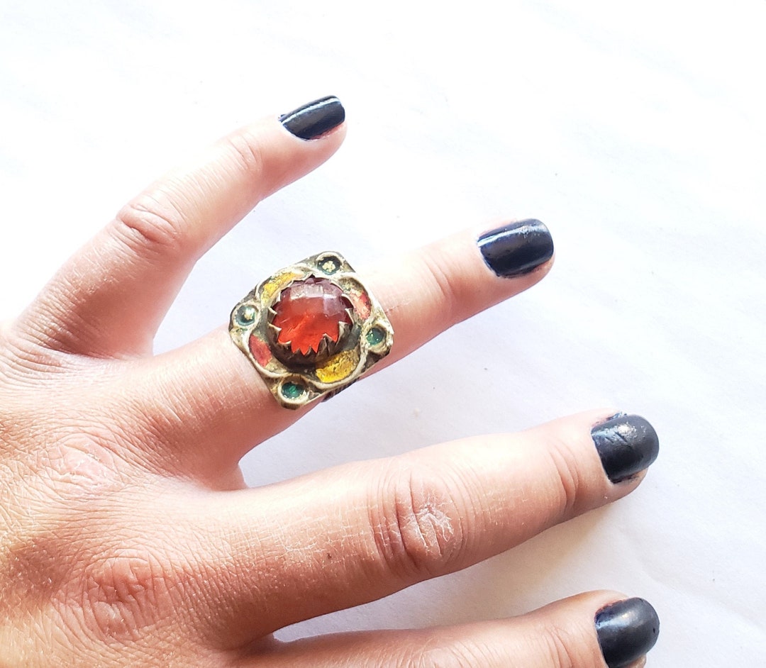 Vintage Moroccan Hand Made Old Glass Enameled Silver Berber Ring Size 8 ...
