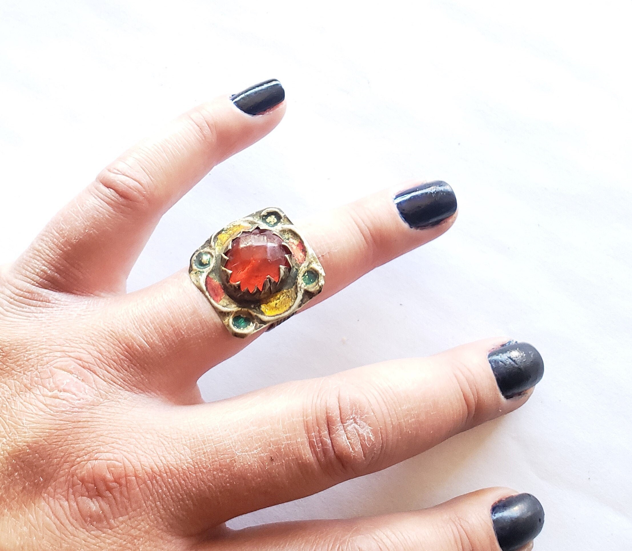 Vintage Moroccan Hand Made Old Glass Enameled Silver Berber Ring Size 8 ...