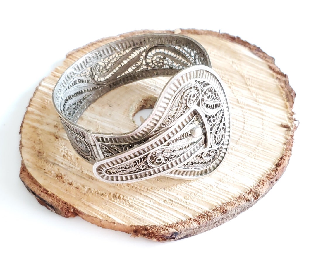 Antique Silver Moroccan Tiznit Berber Filigree Bracelet, Ethnic Tribal ...