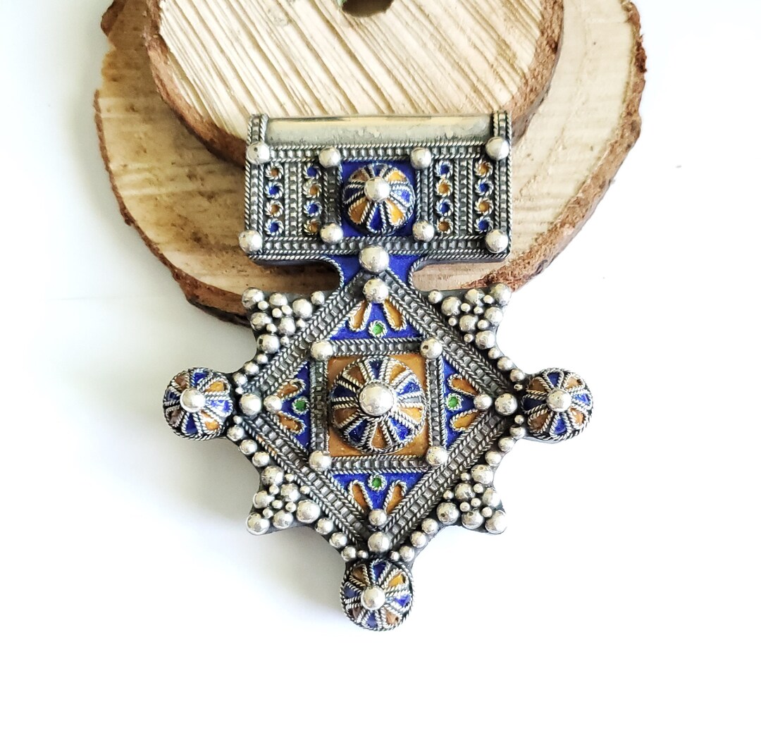 Moroccan Enamel Silver Cross Pendant: Berber Amulet Jewelry - Etsy