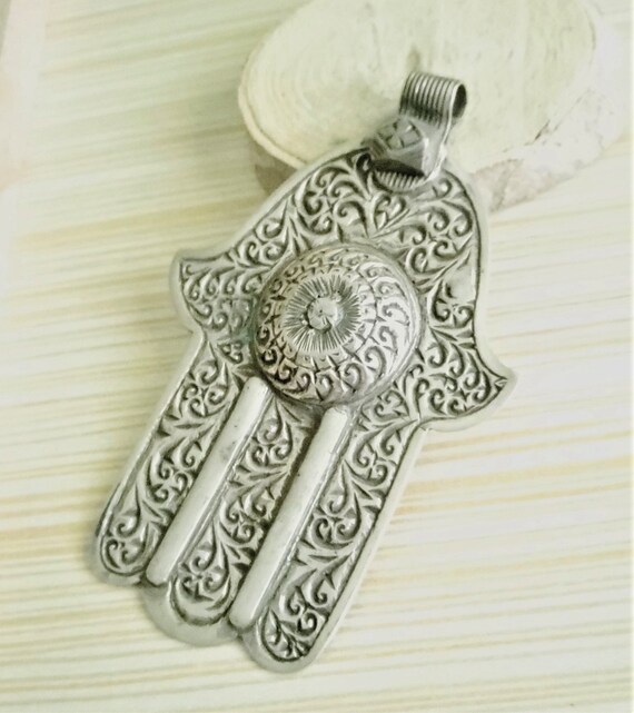 Moroccan Old Huge silver Hand of Fatima Hamsa Pendant… - Gem