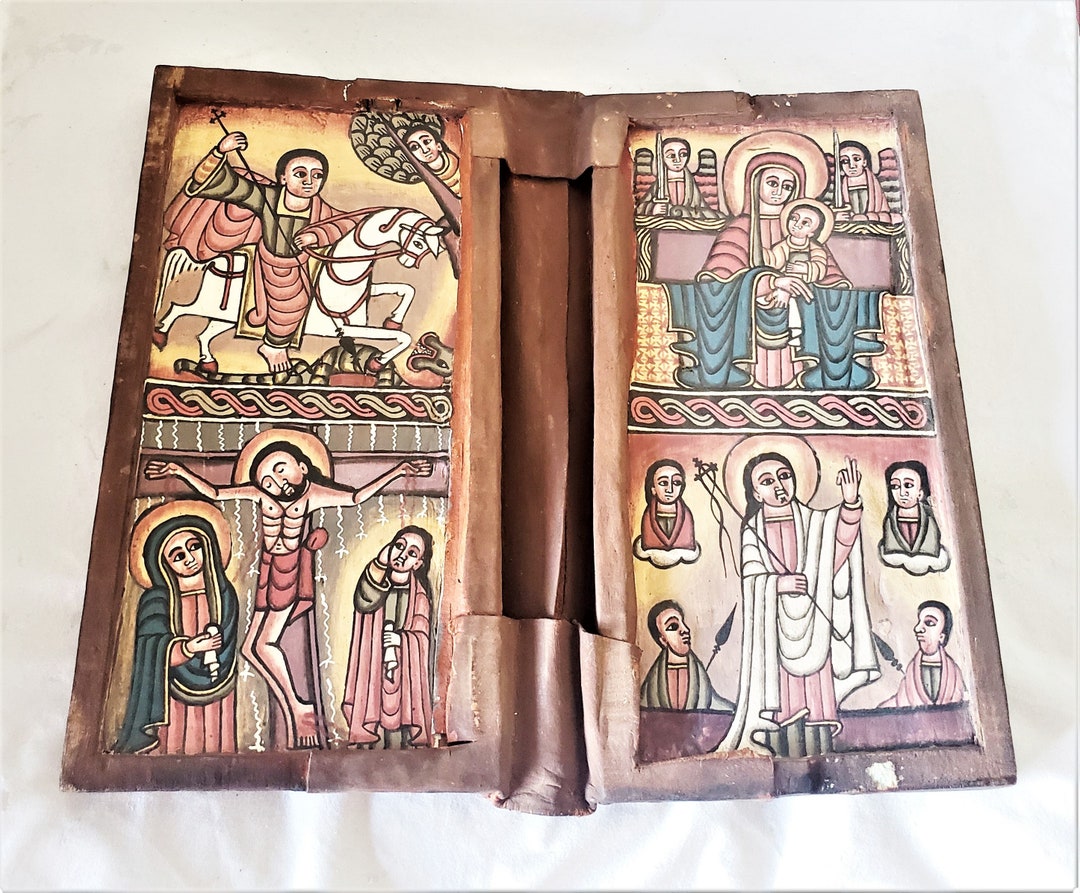 Antique Ethiopian Coptic Icon: Hand-painted Leather-bound Wood Panel - Etsy